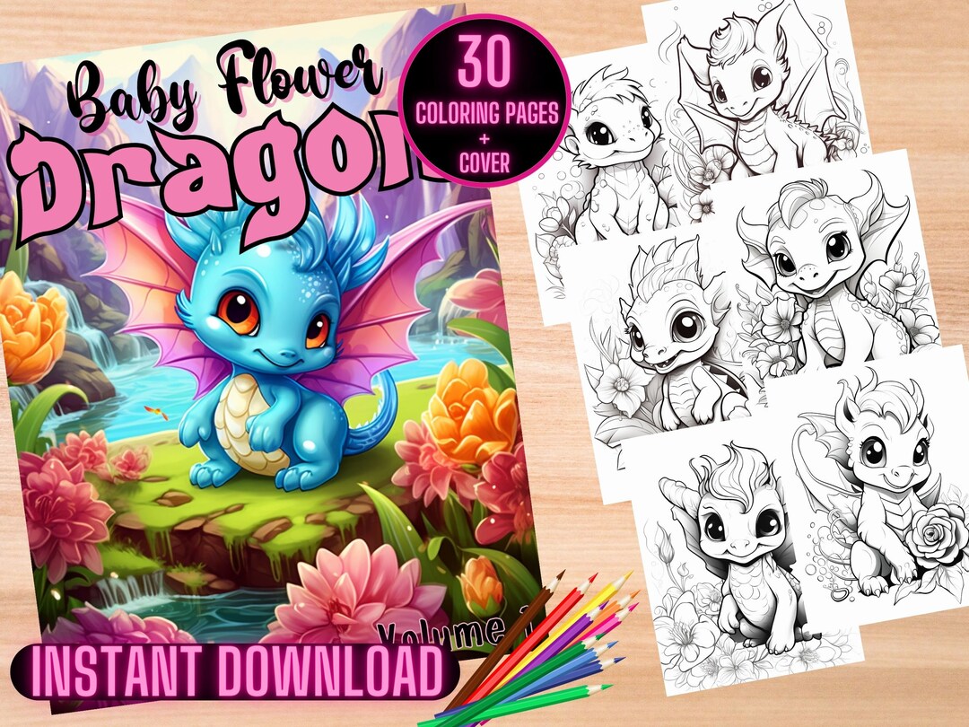 Baby Flower Dragon Coloring Pages Fantasy Coloring Book - Etsy