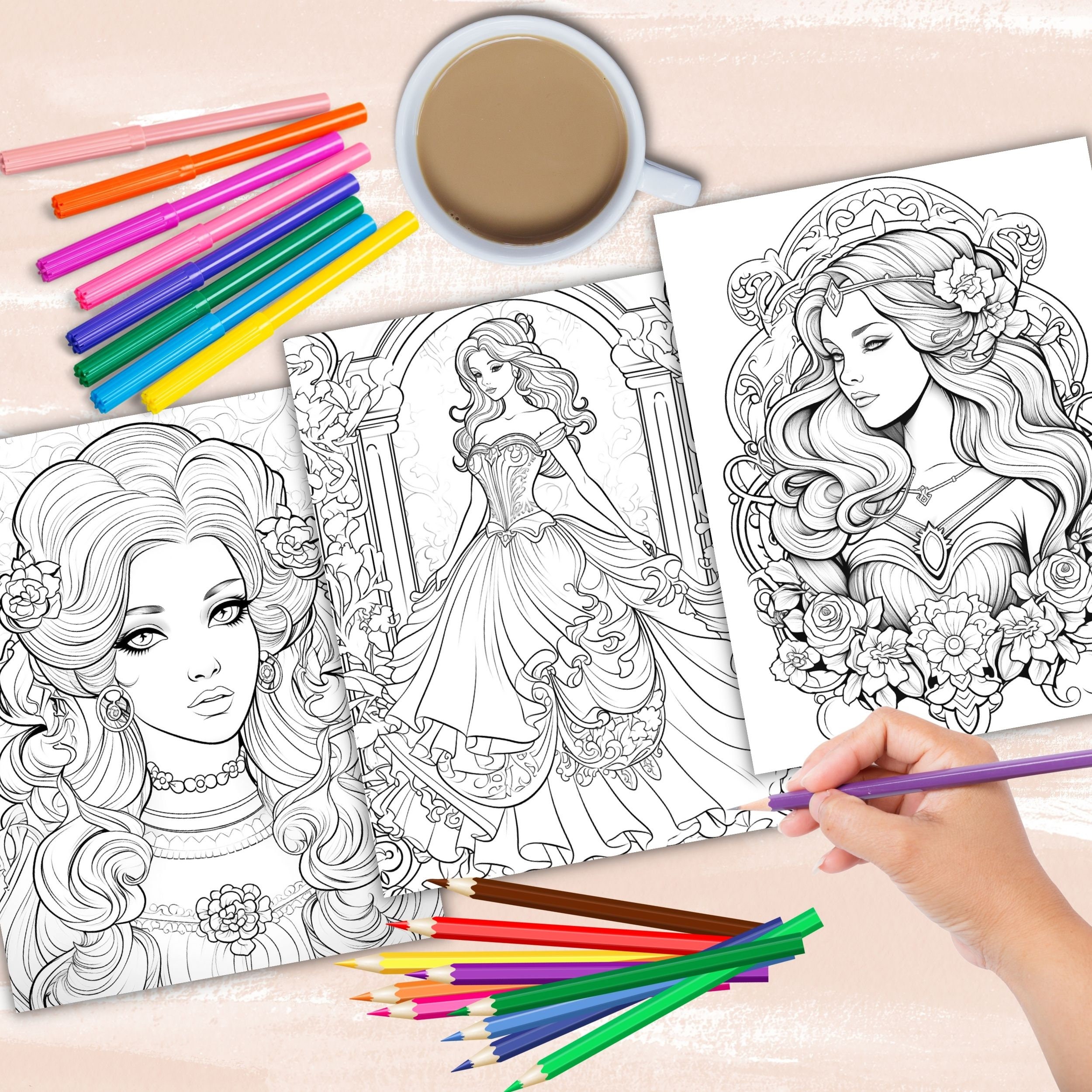 Enchanted Princesses Coloring Pages, Fantasy Fairytale Coloring Book ...