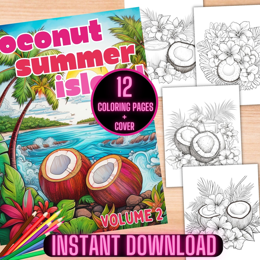 Summer Coloring Pages, Coconut Summer Island Coloring Book, Tropical ...