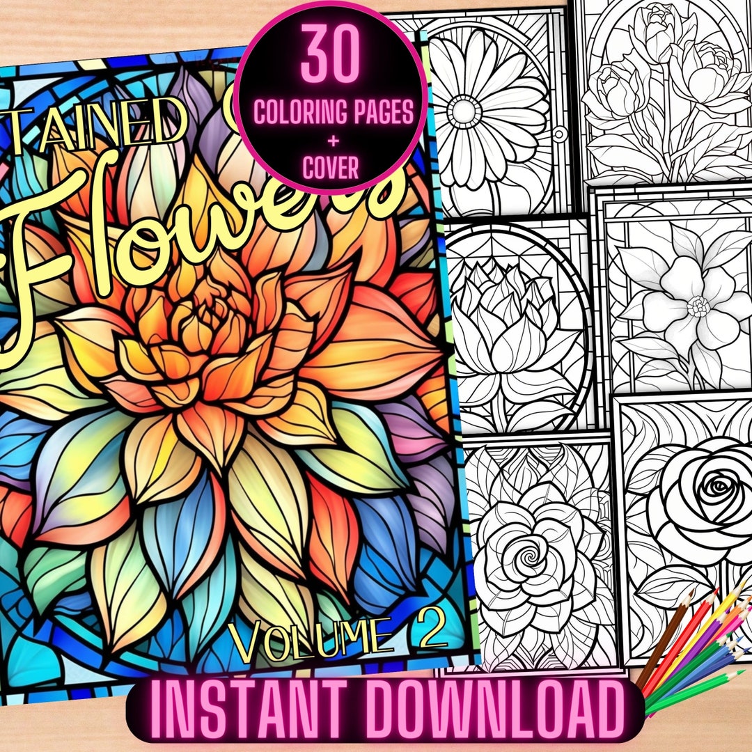 Stained Glass Flowers Coloring Book, Floral Coloring Sheets, Botanical ...