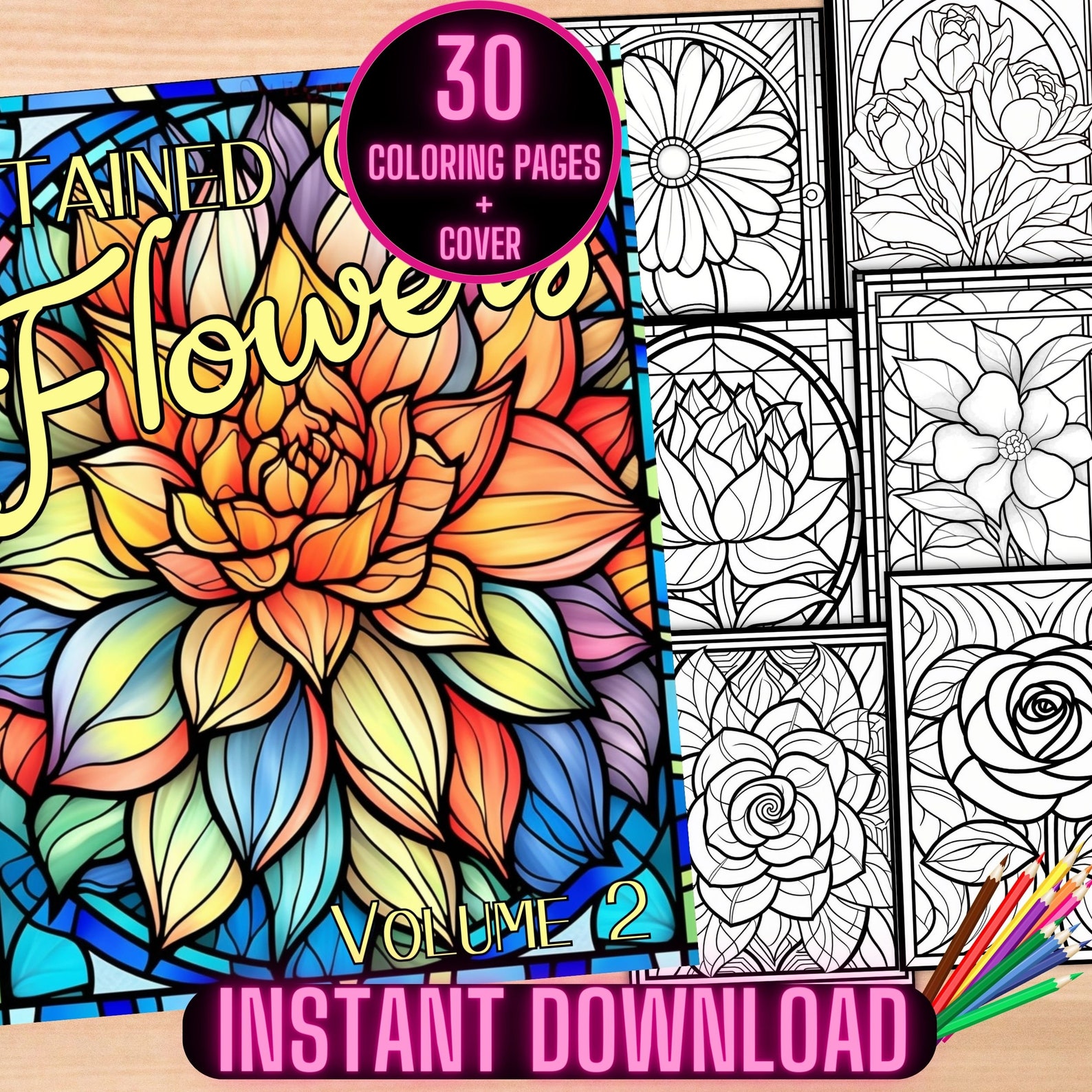Stained Glass Flowers Coloring Book, Floral Coloring Sheets, Botanical ...