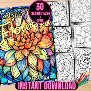 Stained Glass Flowers Coloring Book, Floral Coloring Sheets, Botanical ...