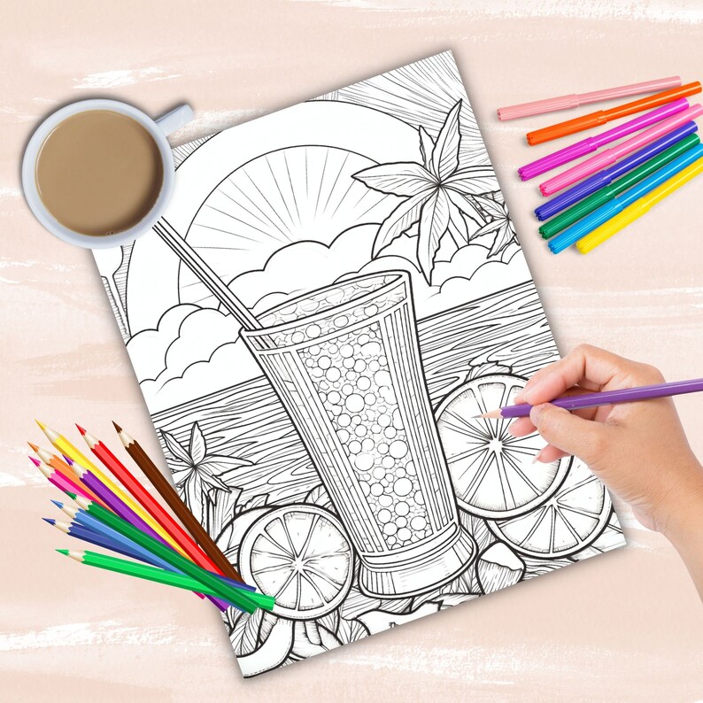 Summer Cocktails Coloring Book, Summer Drinks Coloring Pages, Adult ...