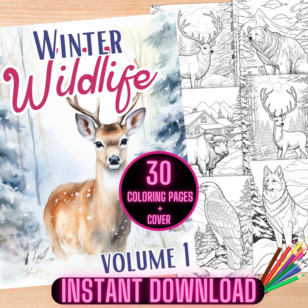 Winter Wildlife Coloring Book, Winter Animal Coloring Pages, Snowy ...