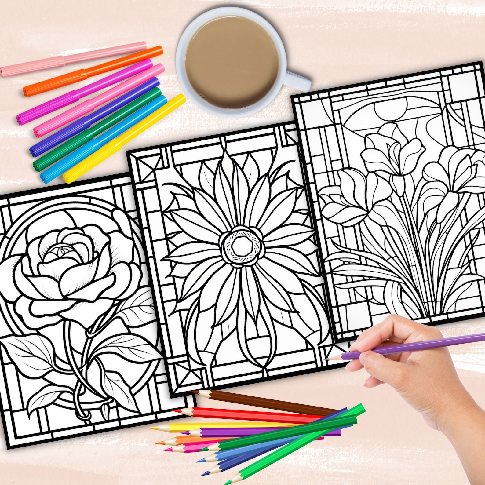 Stained Glass Flowers Coloring Book, Floral Coloring Sheets, Botanical ...