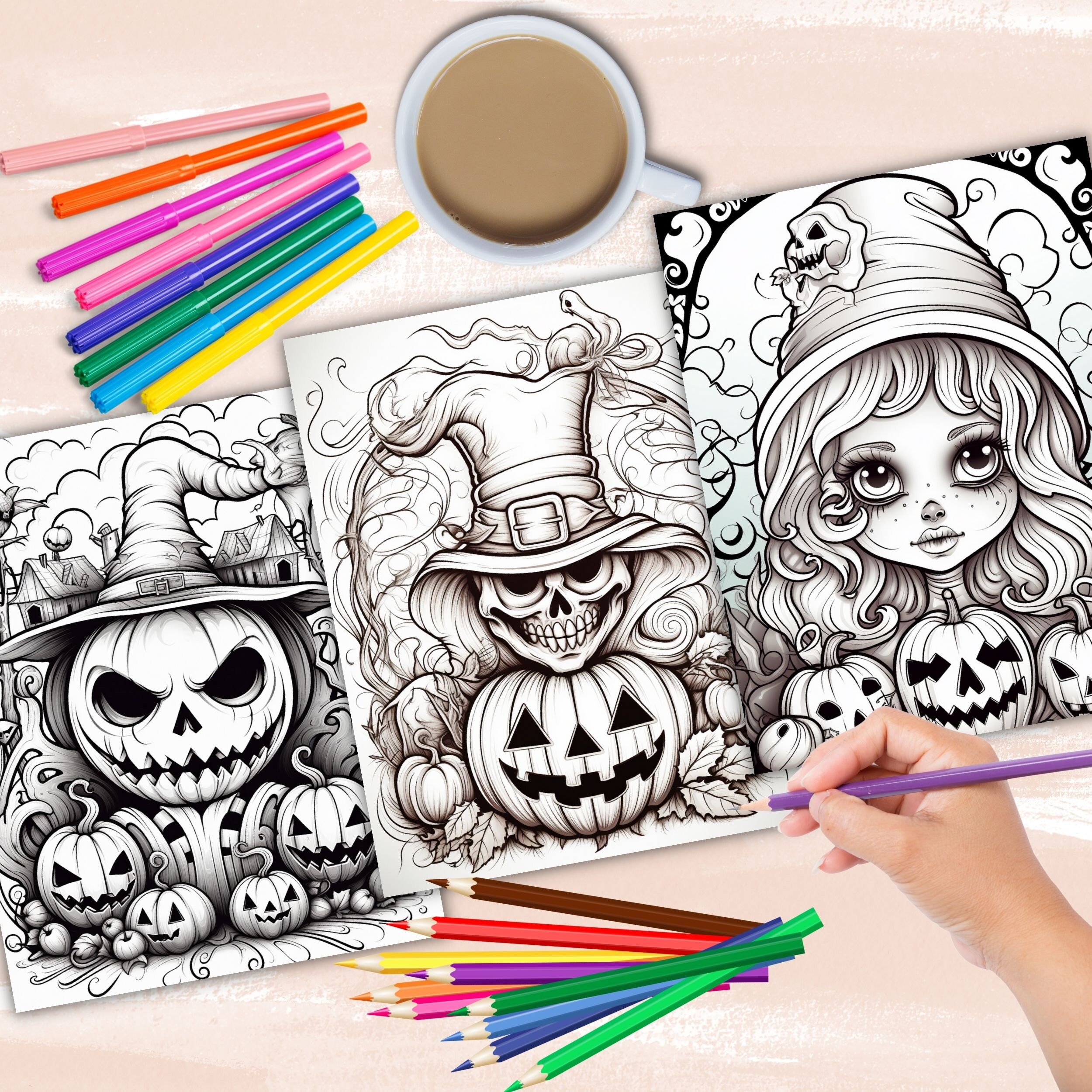 Creepy Halloween Coloring Pages, Grayscale Halloween Coloring Pages ...