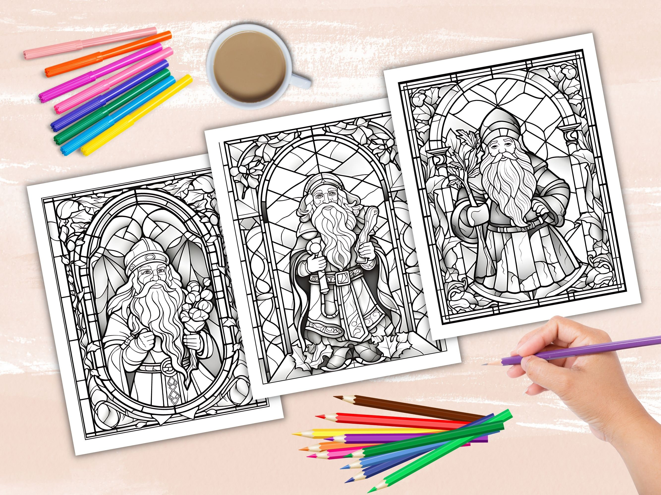 Stained Glass Santa Coloring Book, Merry Christmas Coloring, Santa ...