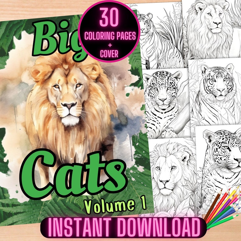 Big Cats Coloring Book, Jungle Cats Coloring Pages, Safari Animals ...