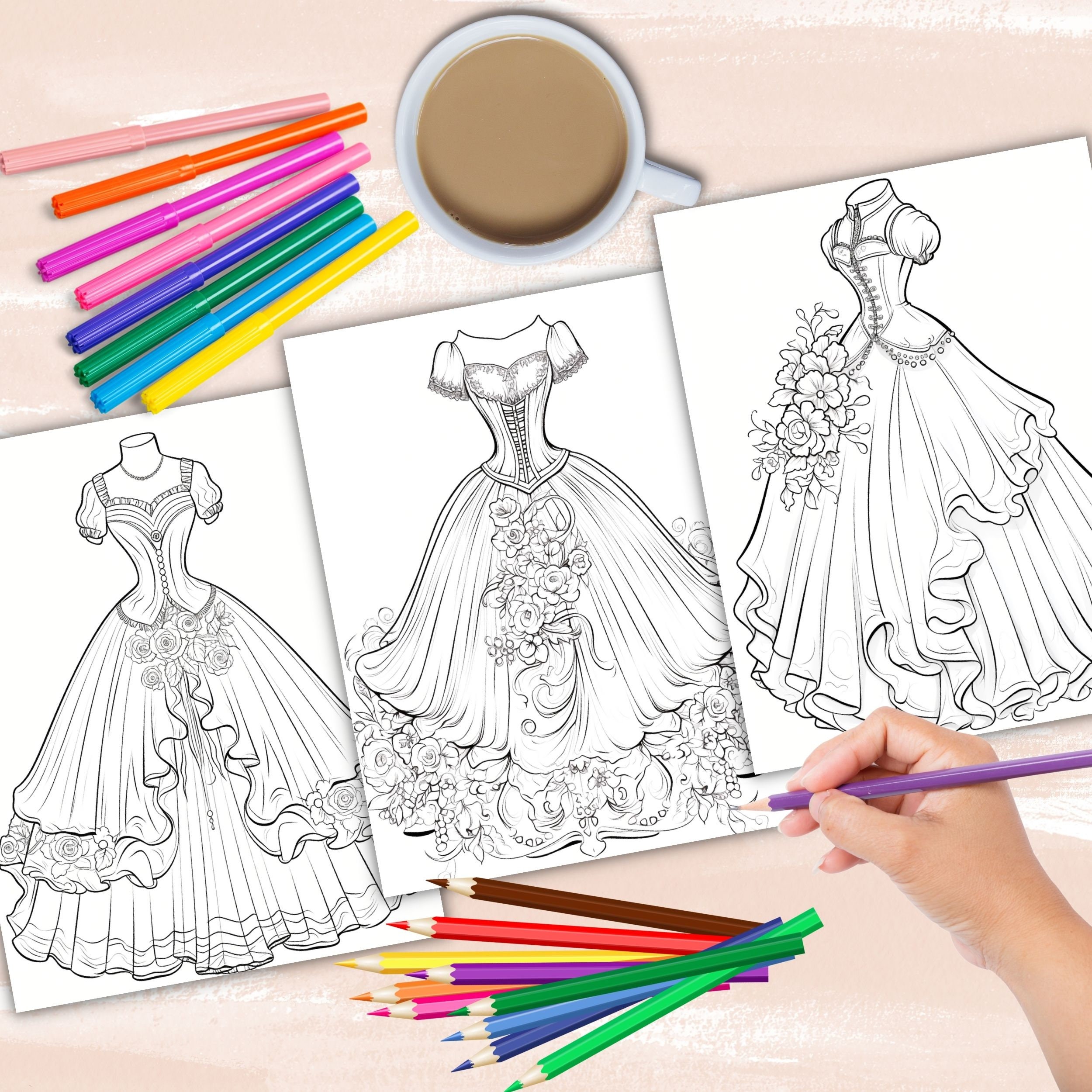 Elegant Dresses Coloring Book, Beautiful Gowns Coloring Pages ...