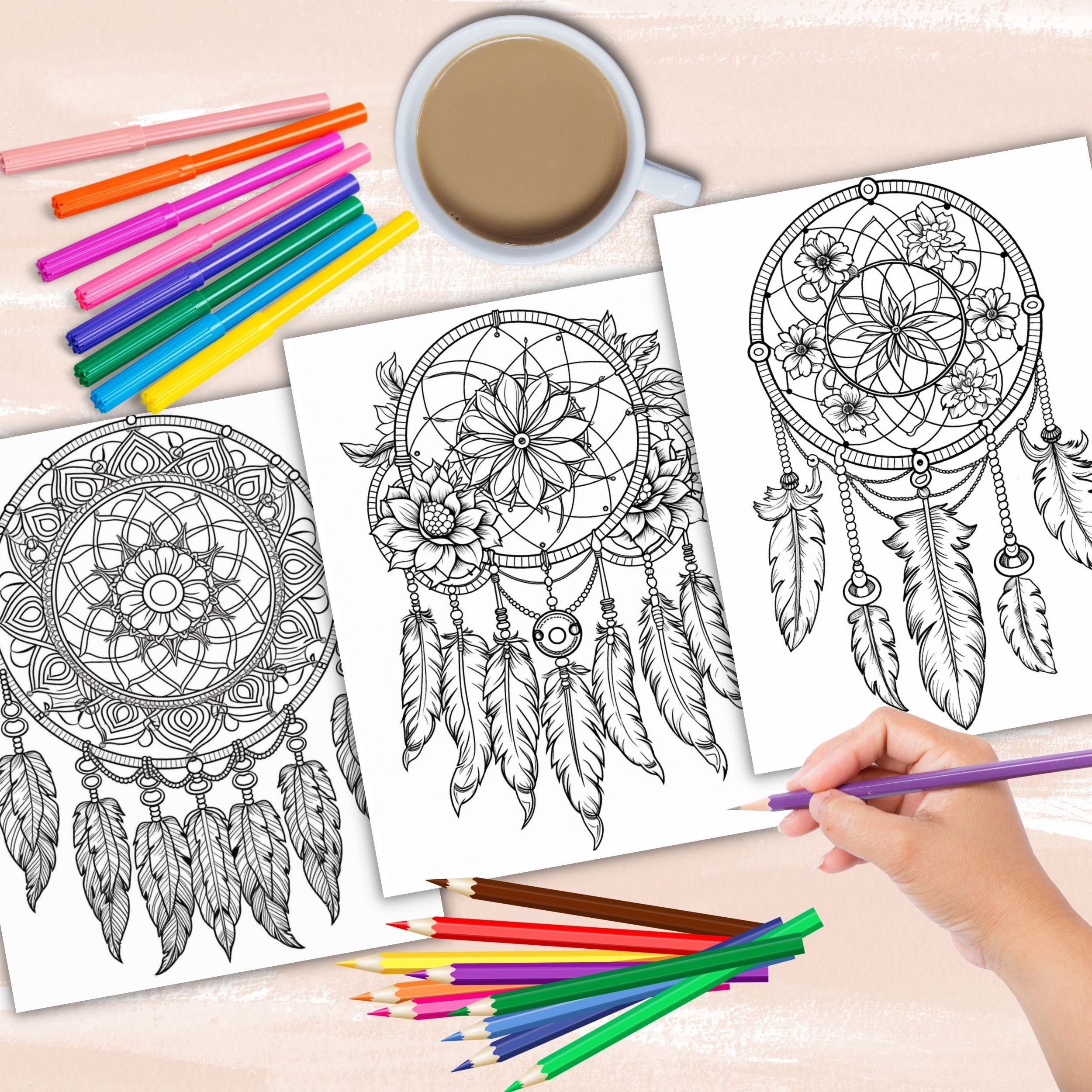 Mystical Dream Catchers Coloring Pages, Tribal Coloring Pages, Native ...