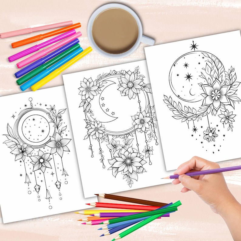 Celestial Moon Coloring Pages, Boho Chic Moon Coloring Sheets ...