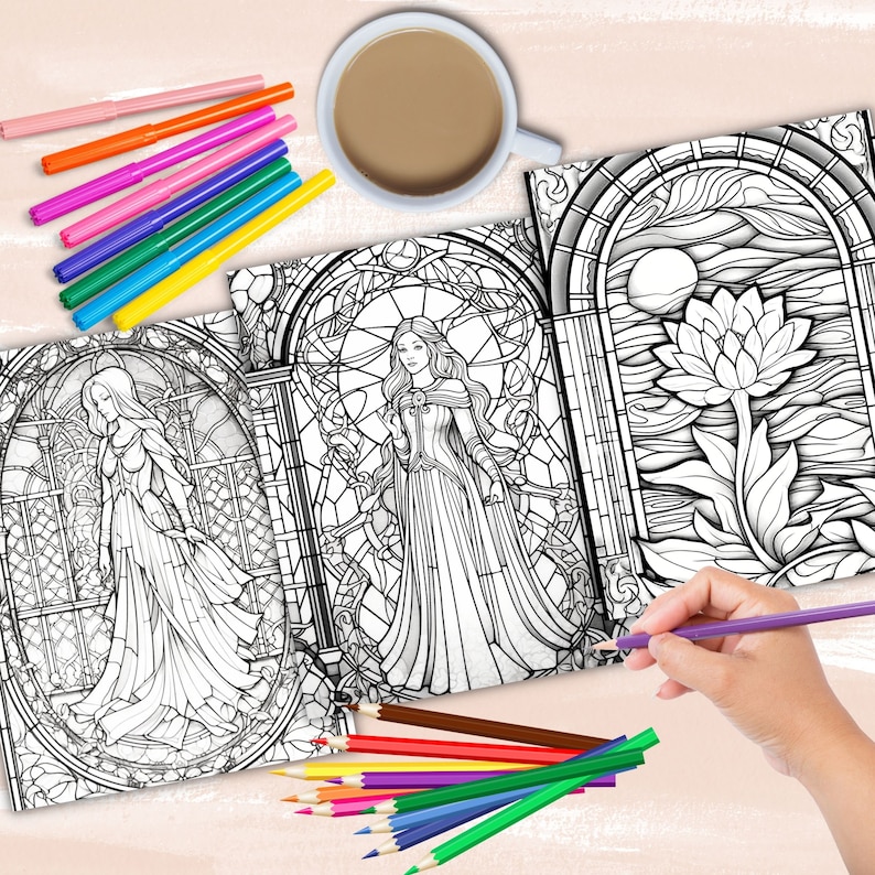 Stained Glass Enchantment Coloring Pages, Fairytale Fantasy Coloring ...
