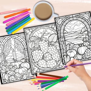 Stained Glass Autumn Coloring Book, Fall Landscapes Coloring Pages ...