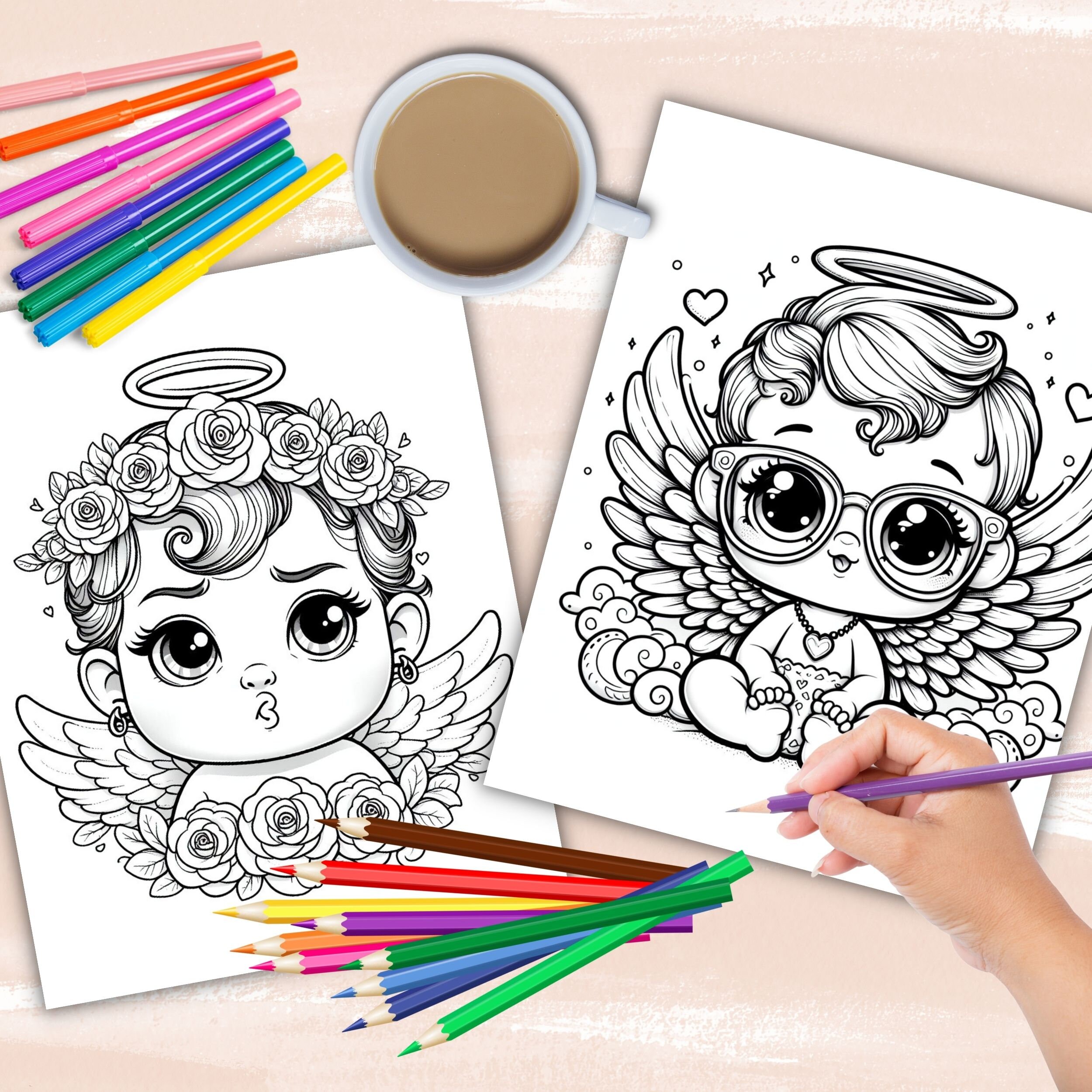 Baby Kawaii Angel Coloring Book, Cute Baby Angel Coloring Pages, Kawaii ...