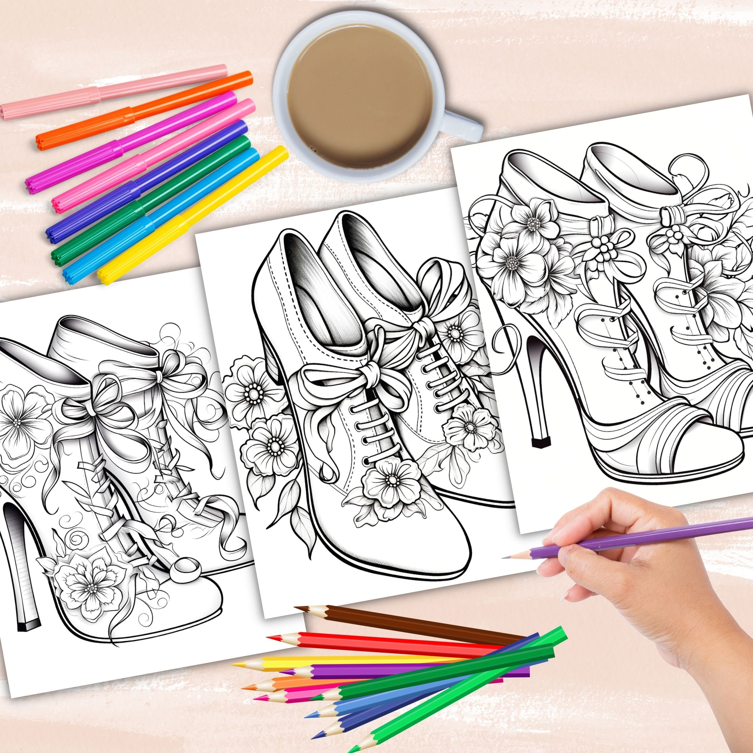 High Heel Fashion Shoes Coloring Book, Vintage Fashion Shoes Coloring ...
