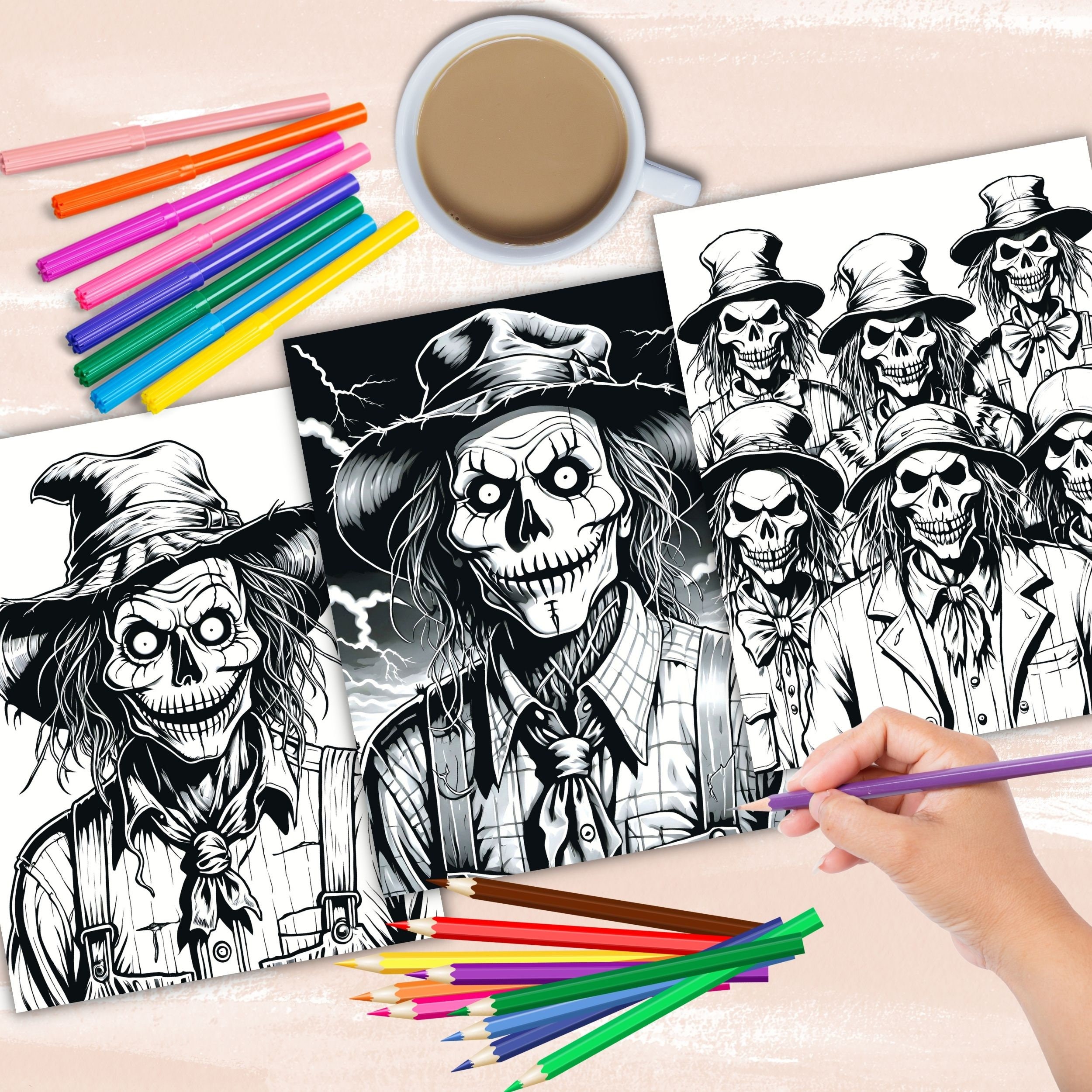 Halloween Scarecrow Coloring Pages, Grayscale Halloween Coloring Pages ...
