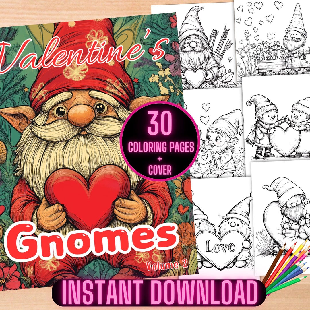 Valentines Gnomes Coloring Pages, Cute Gnome Valentines Coloring Book ...