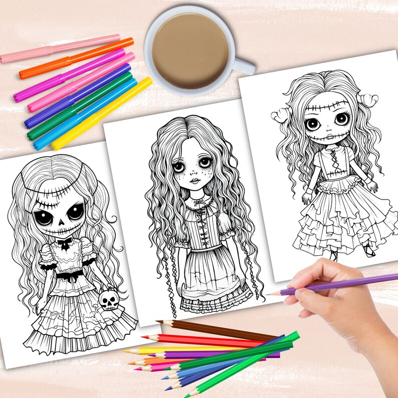 Creepy Gothic Dolls Coloring Book, Spooky Gothic Girl Coloring Pages ...