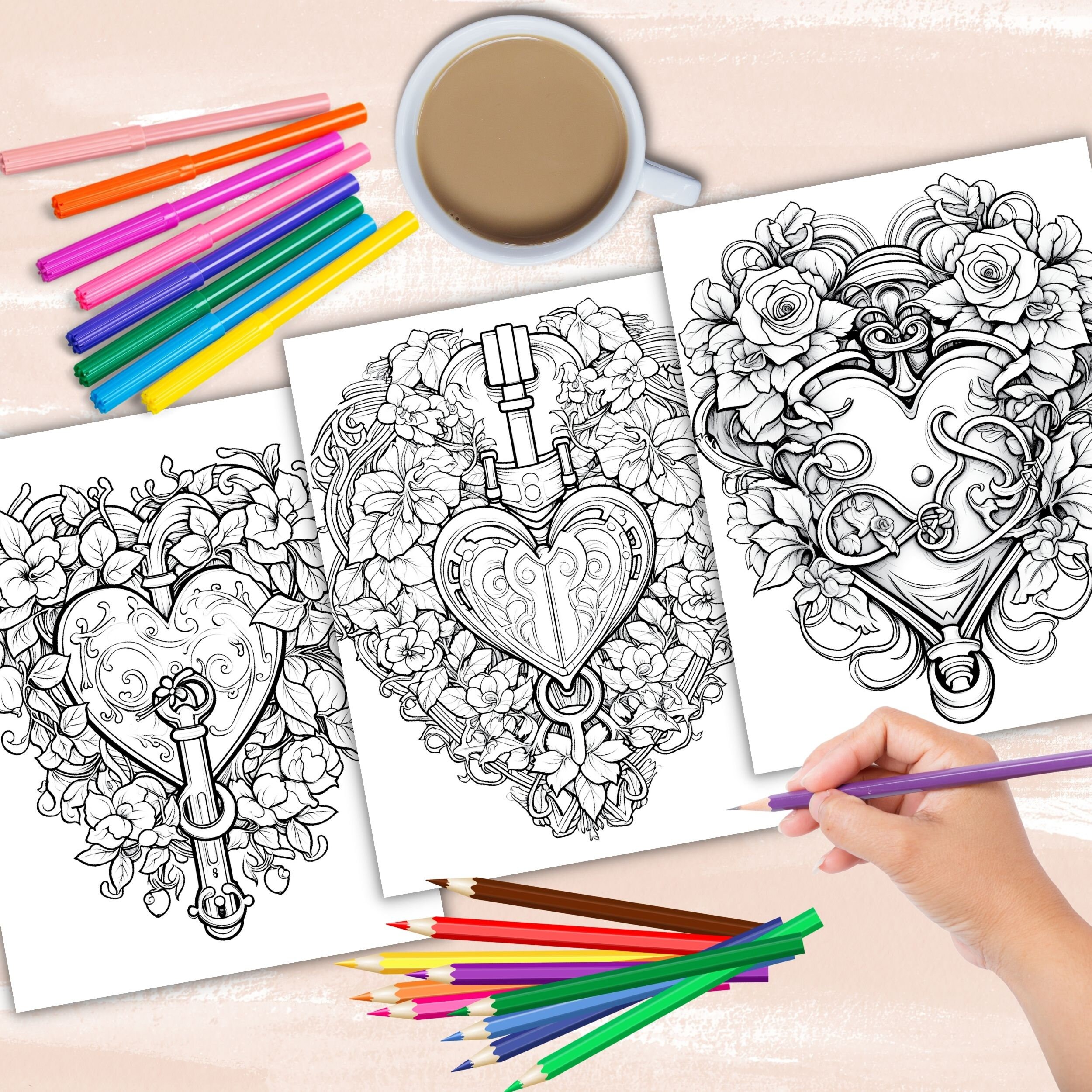 Love Locks Coloring Book, Floral Heart Padlock Coloring Pages, Love ...
