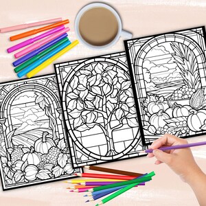 Stained Glass Autumn Coloring Book, Fall Landscapes Coloring Pages ...