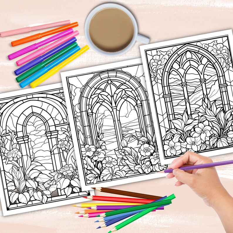 Stained Glass Landscapes Coloring Book, Relaxing Scenery Coloring Pages ...