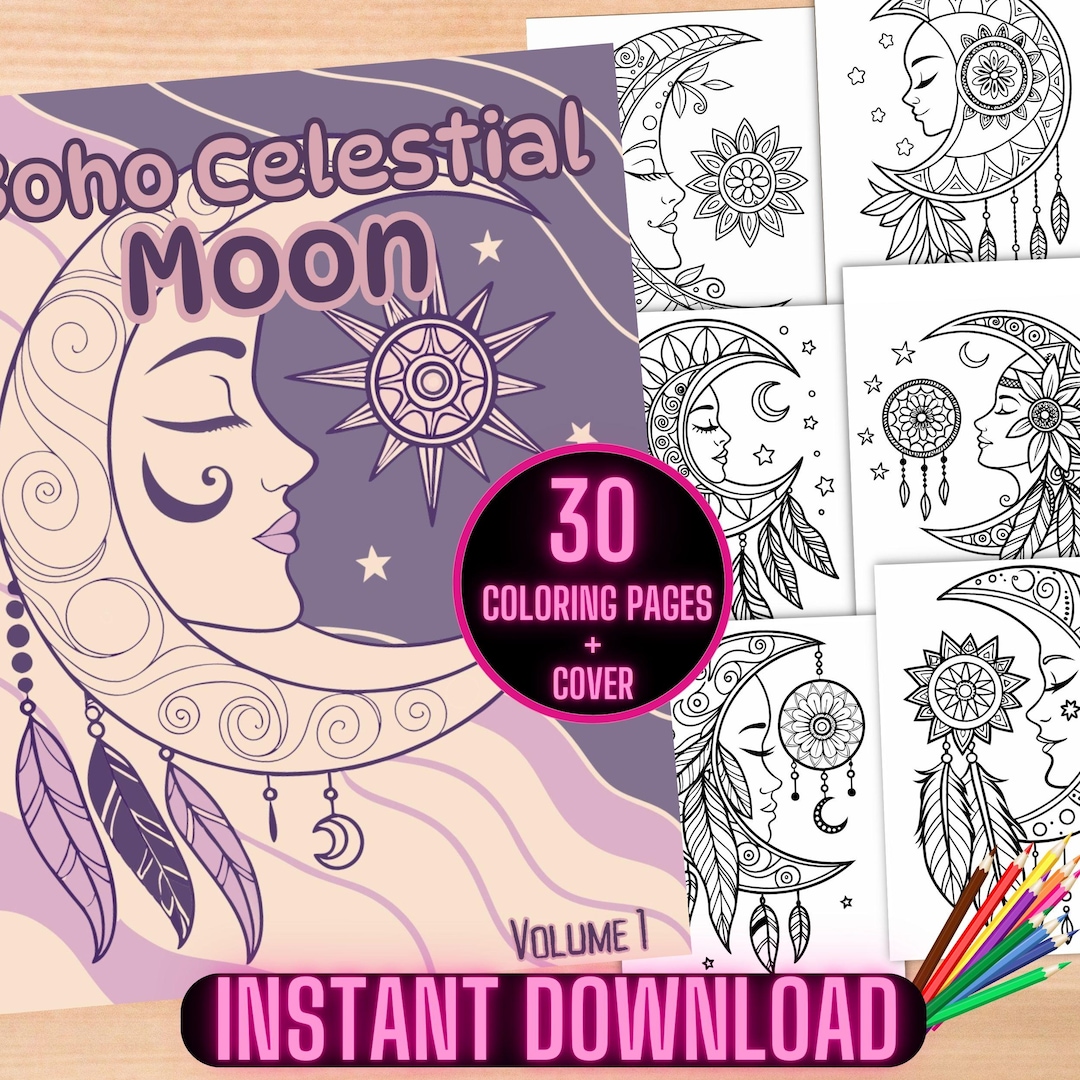 Boho Celestial Moon Coloring Book, Boho Moon Coloring Sheets, Celestial ...