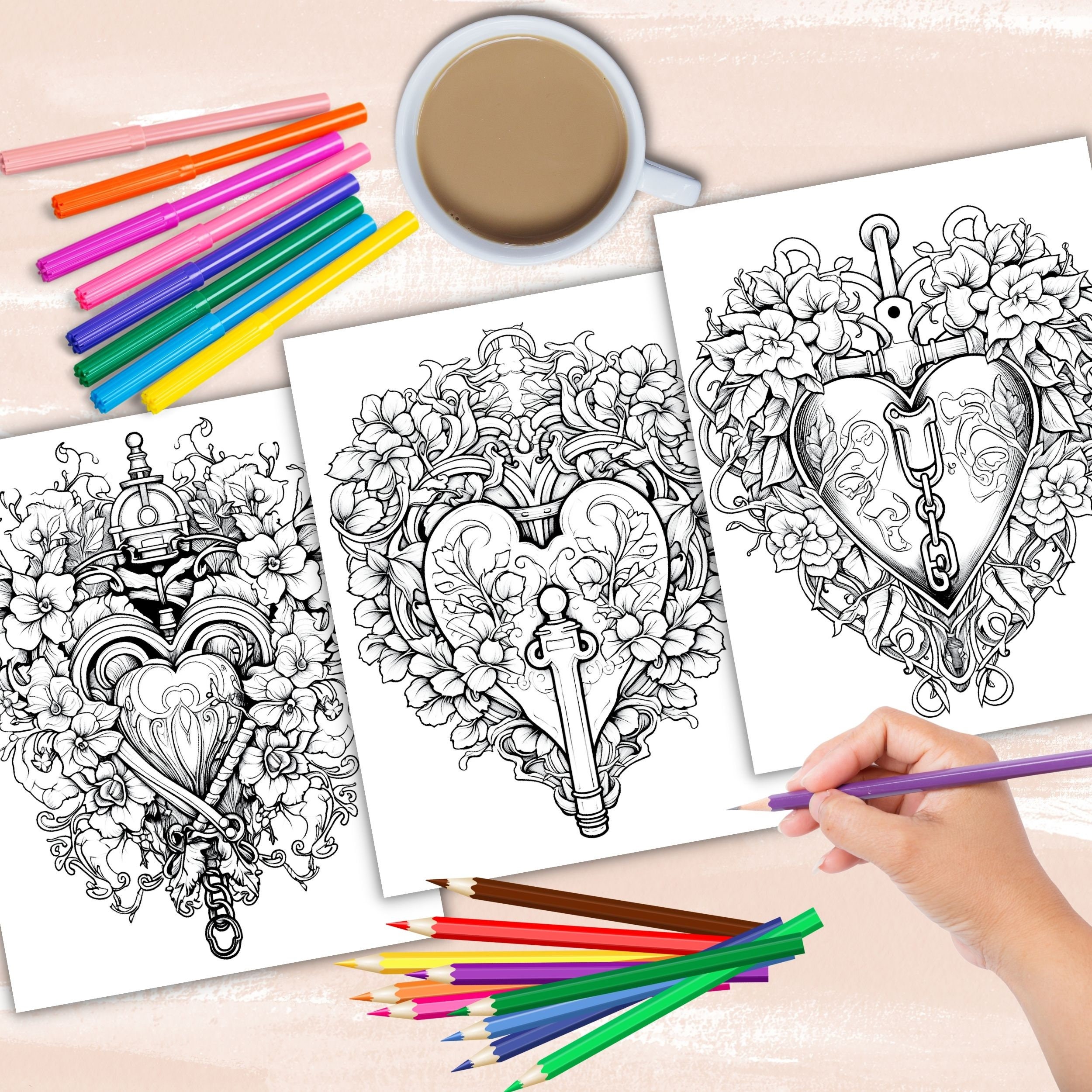 Love Locks Coloring Book, Floral Heart Lock Coloring Pages, Love Heart ...