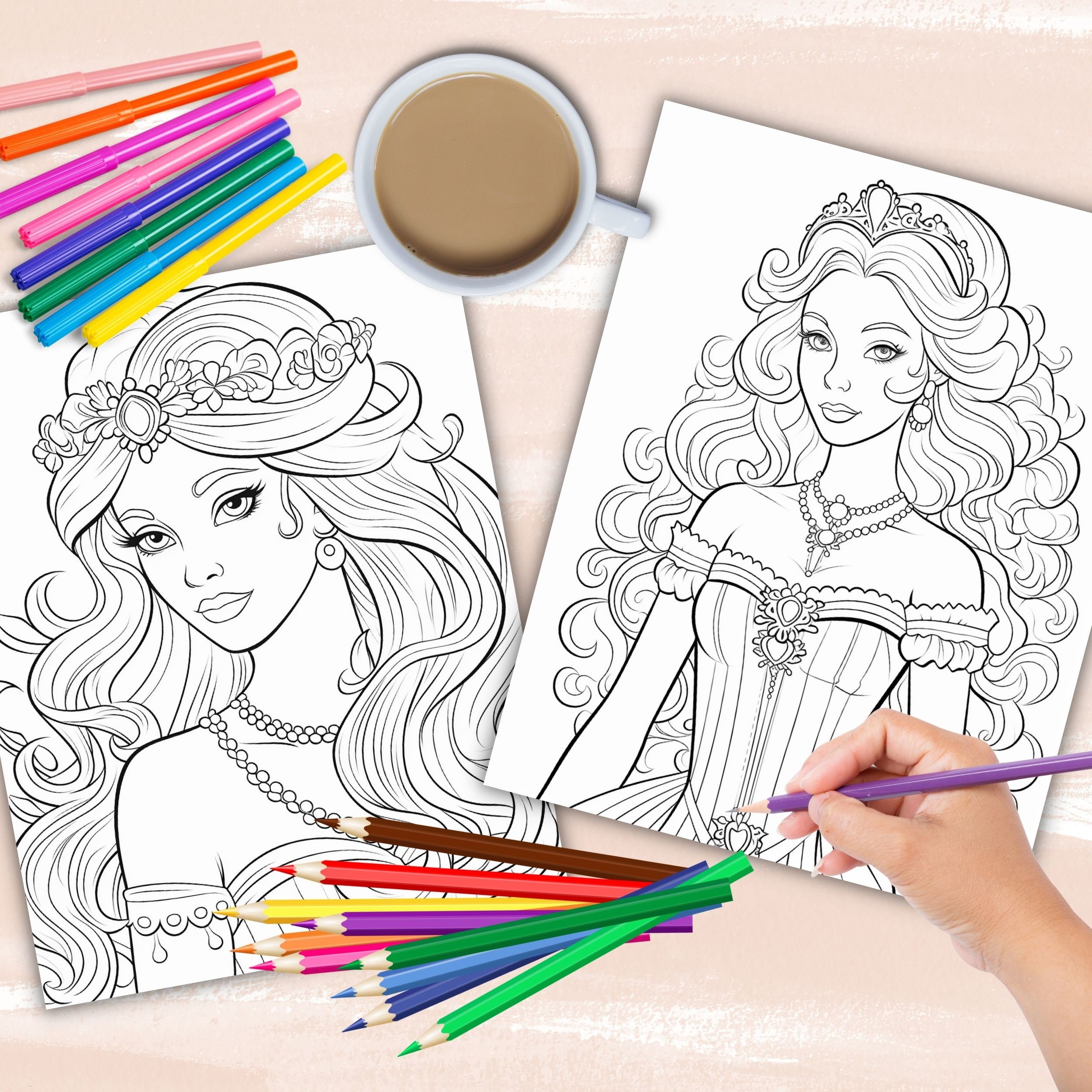 Enchanted Princesses Coloring Pages, Fairytale Fantasy Coloring Book ...