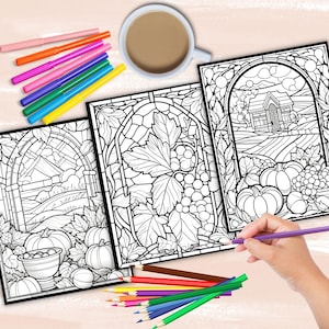 Stained Glass Autumn Coloring Book, Fall Landscapes Coloring Pages ...