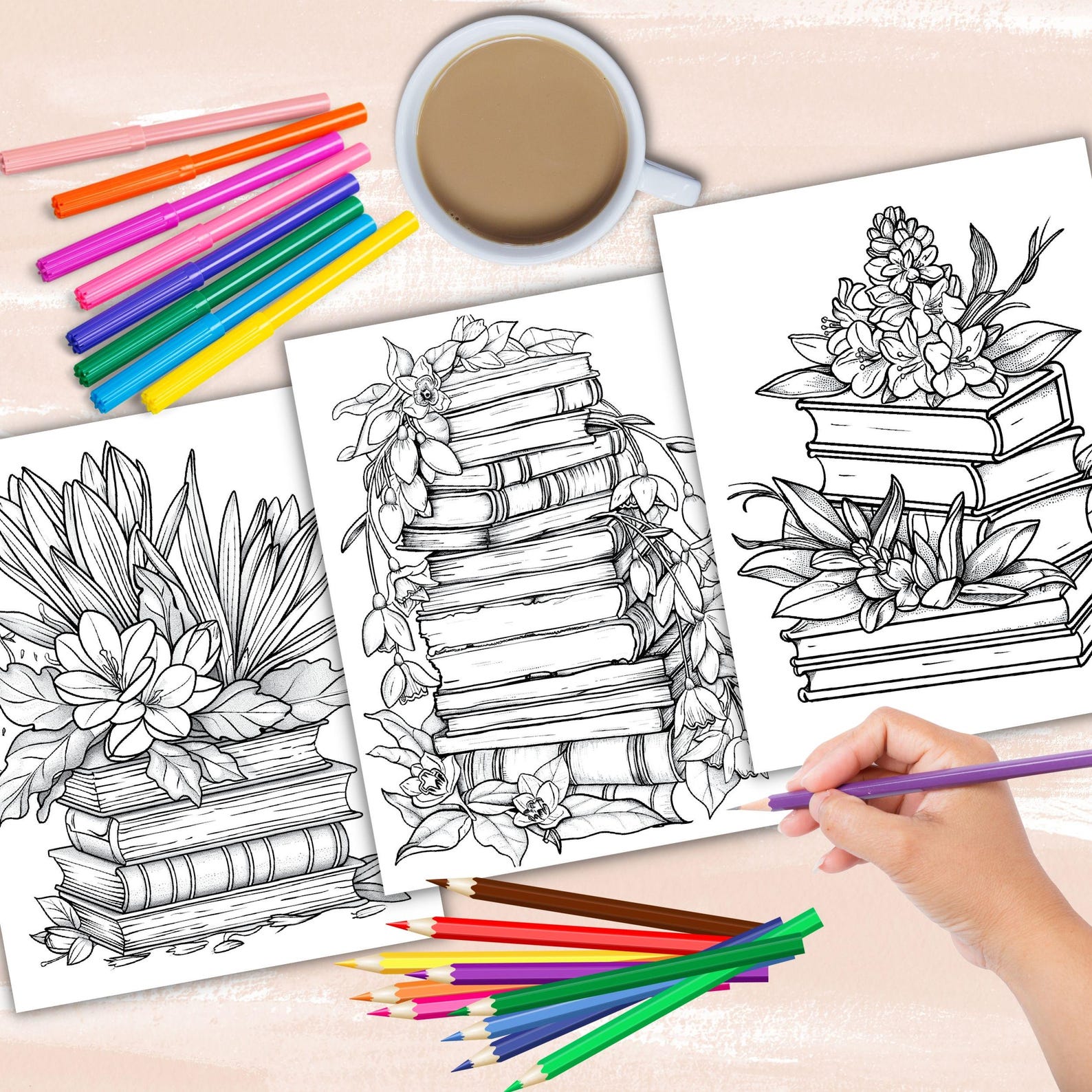 Books and Flowers Coloring Pages, Floral Book Stacks Coloring Sheets ...