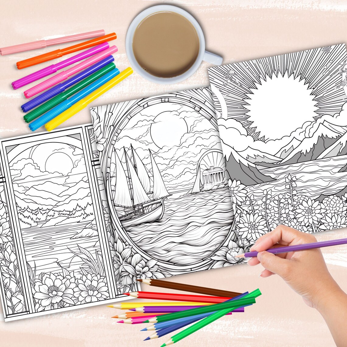 Calming Landscapes Coloring Book, Relaxing Ocean Views Beach Coloring ...