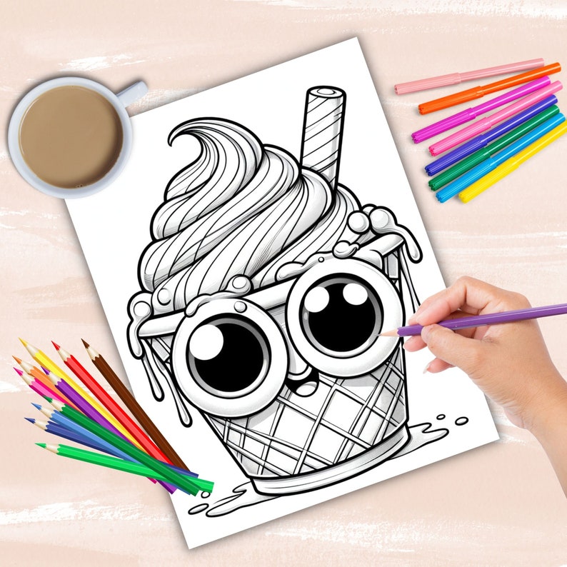 Kawaii Summer Sundaes Coloring Book, Ice Cream Dessert Coloring Pages ...