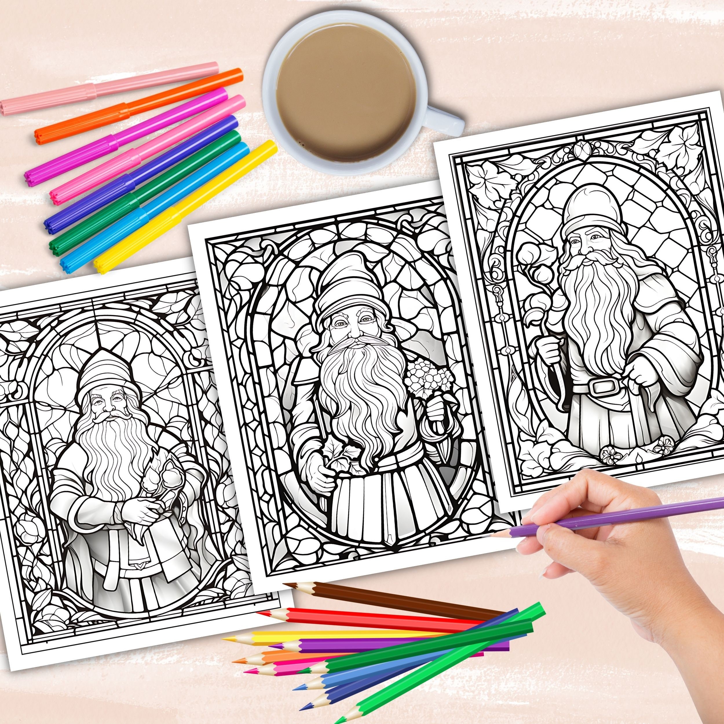 Stained Glass Santa Coloring Book, Merry Christmas Coloring, Santa ...