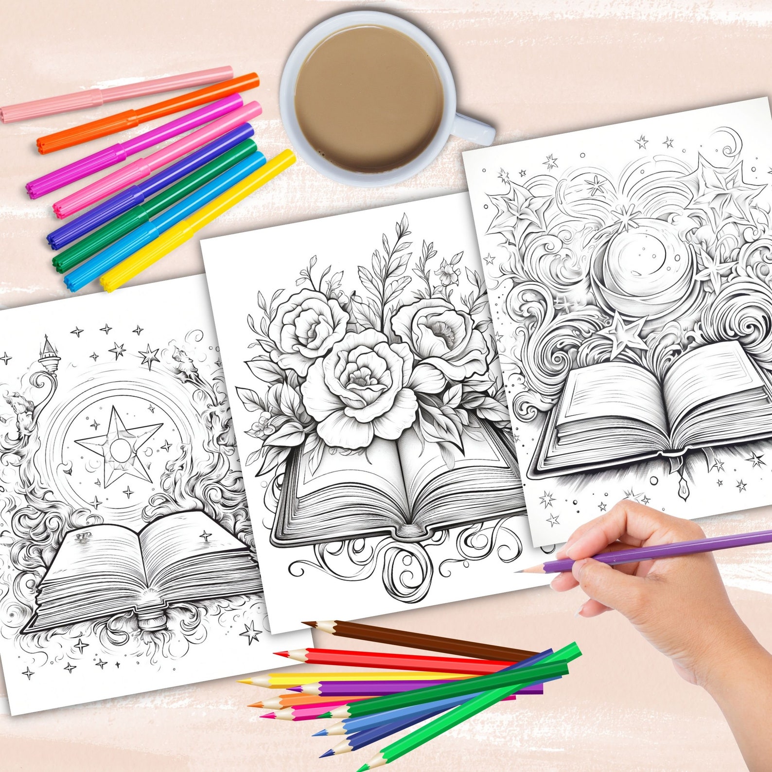 Spells and Grimoires Coloring Pages, Open Magic Book Coloring Book ...