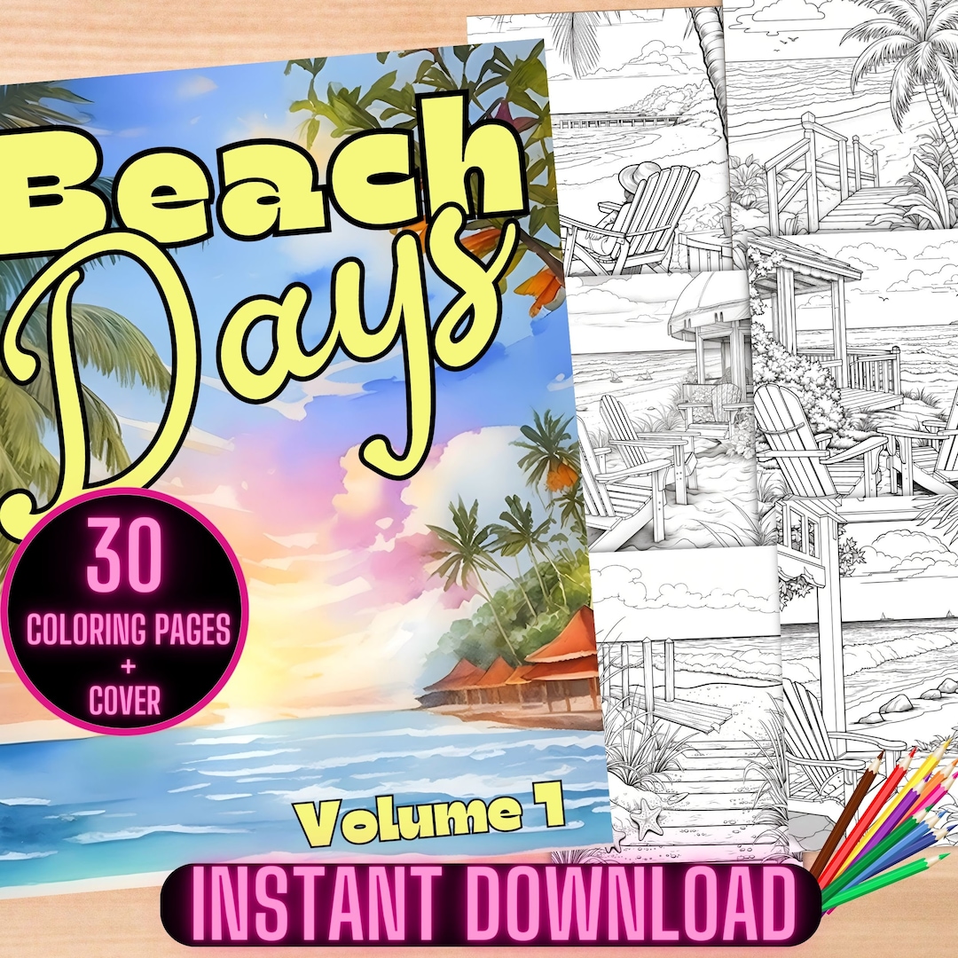 Beach Days Coloring Book, Relaxing Beach Scenery Coloring Pages, Ocean ...