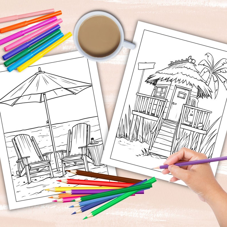 Summer Vibes Coloring Book, Beach Fun Coloring Sheets, Adult Coloring ...