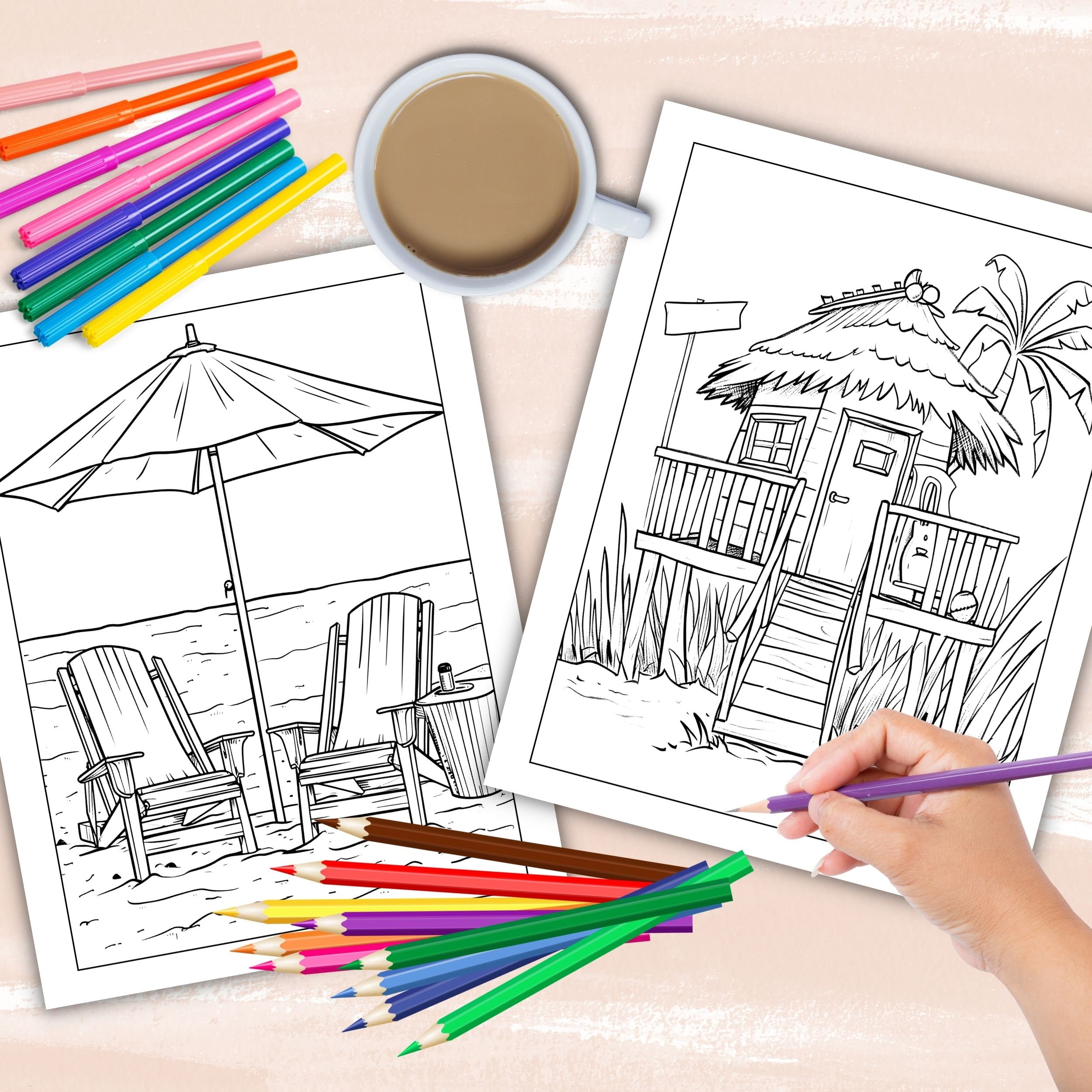 Summer Vibes Coloring Book, Beach Fun Coloring Sheets, Adult Coloring ...