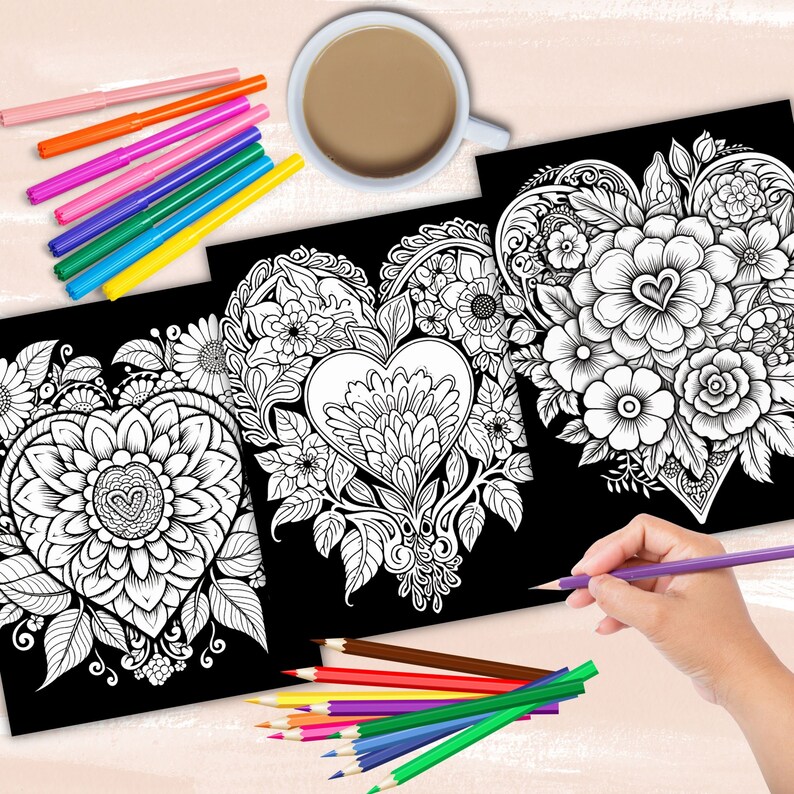 Midnight Blooming Hearts Coloring Book, Flower Hearts Coloring Page ...