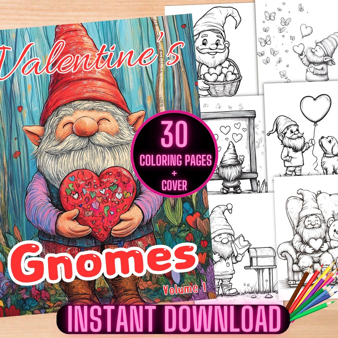 Valentines Gnomes Coloring Pages, Cute Gnome Valentines Coloring Book ...