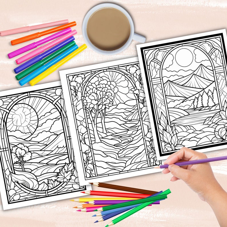 Stained Glass Landscapes Coloring Book, Relaxing Scenery Coloring Pages ...