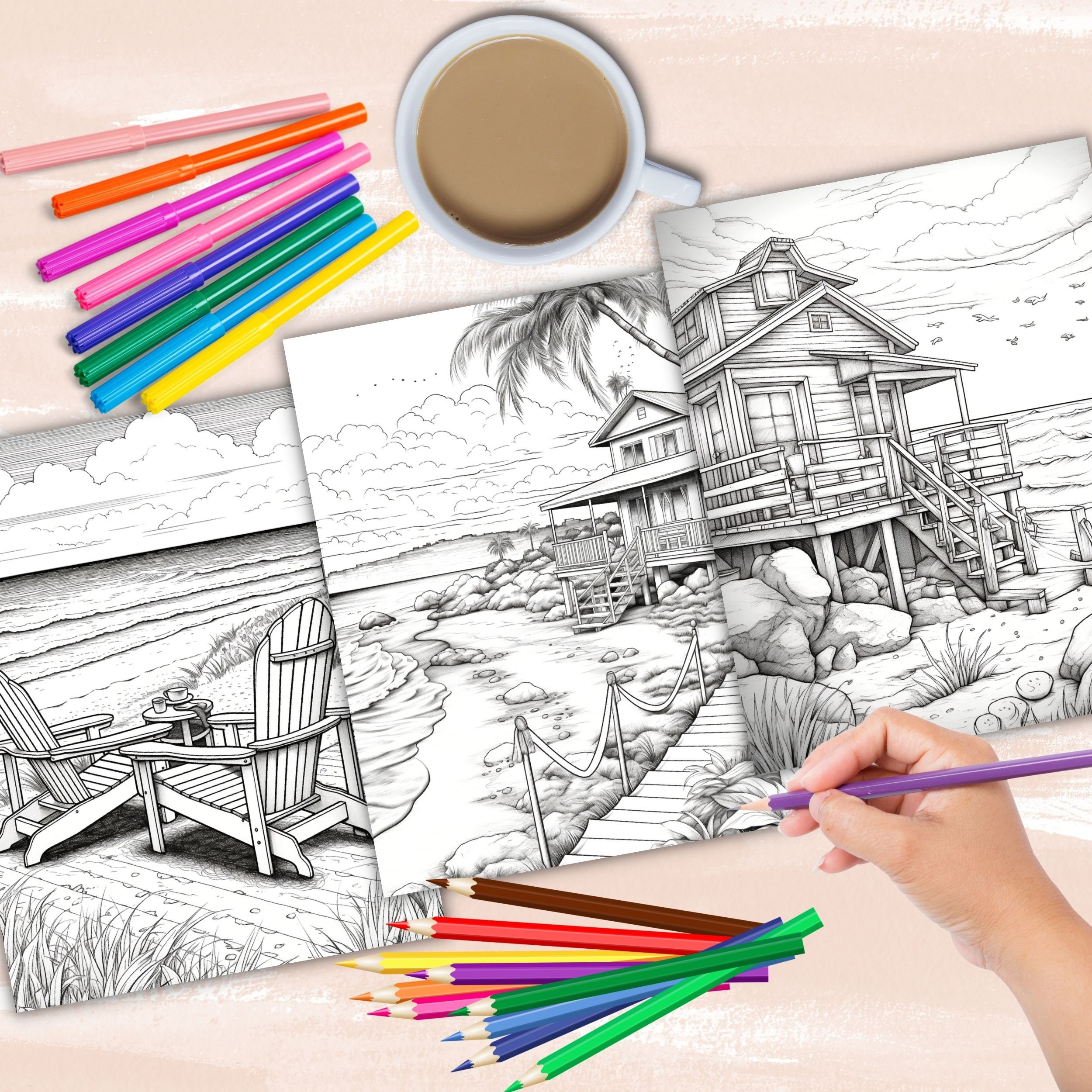 Beach Days Coloring Book, Relaxing Beach Scenery Coloring Pages, Ocean ...