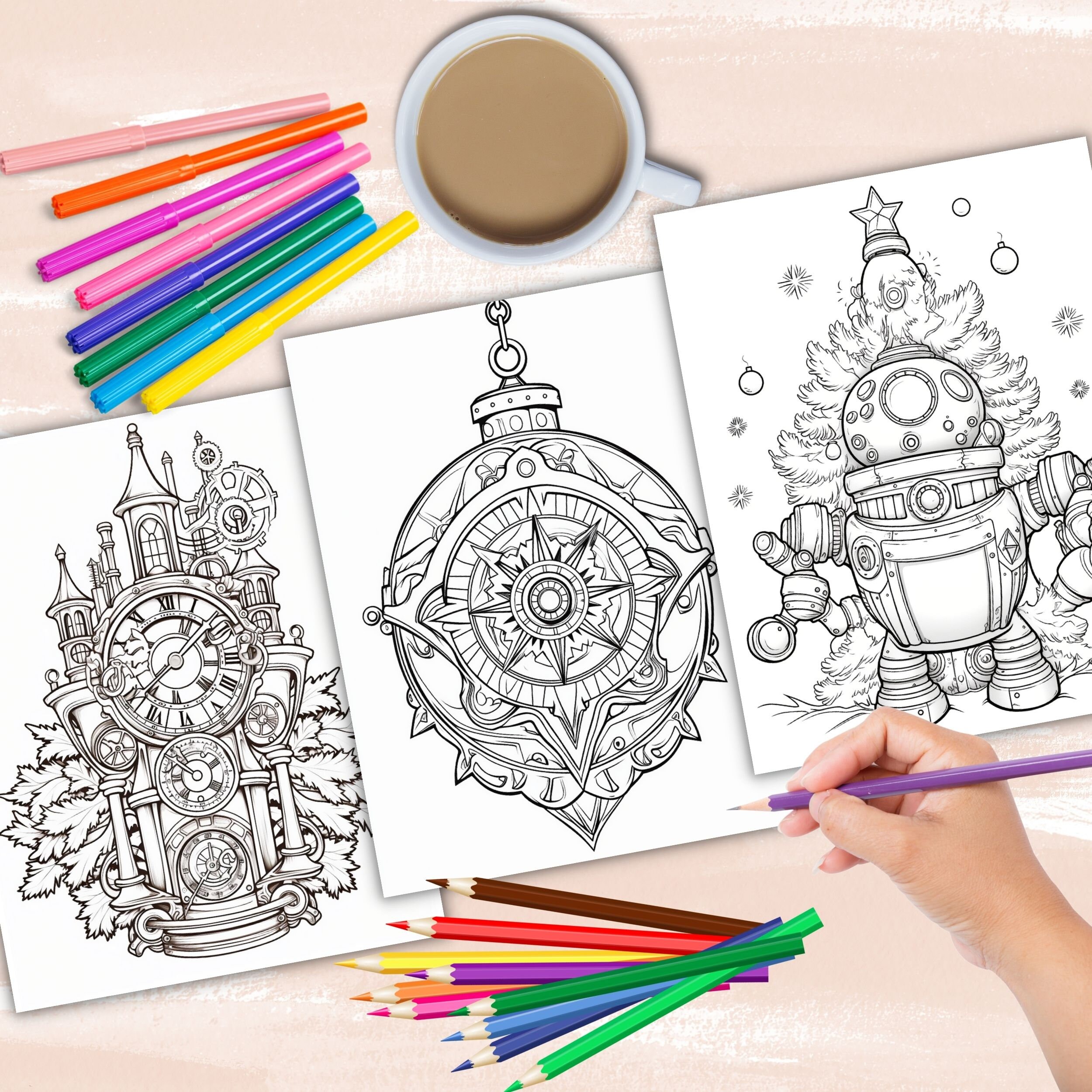 Steampunk Christmas Coloring Book, Christmas Trains Coloring, Clockwork ...