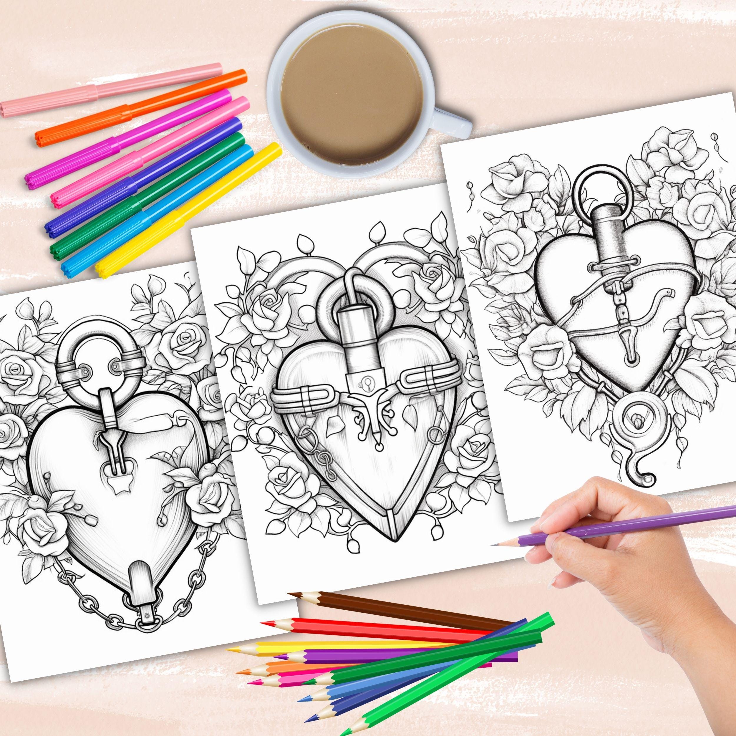 Heart Locks Coloring Book, Floral Heart Coloring Pages, Valentines Day ...