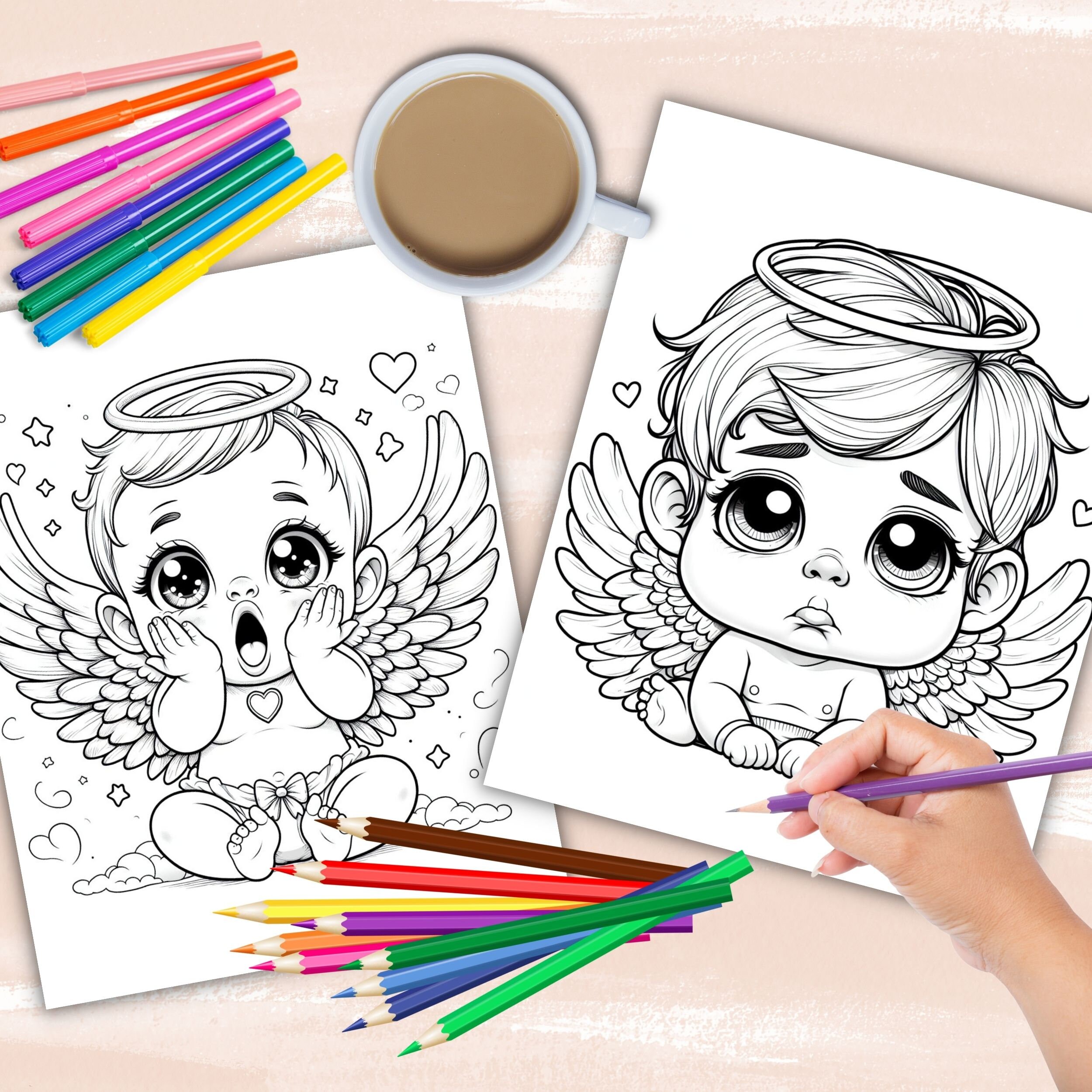 Baby Kawaii Angel Coloring Book, Cute Baby Angel Coloring Pages, Kawaii ...