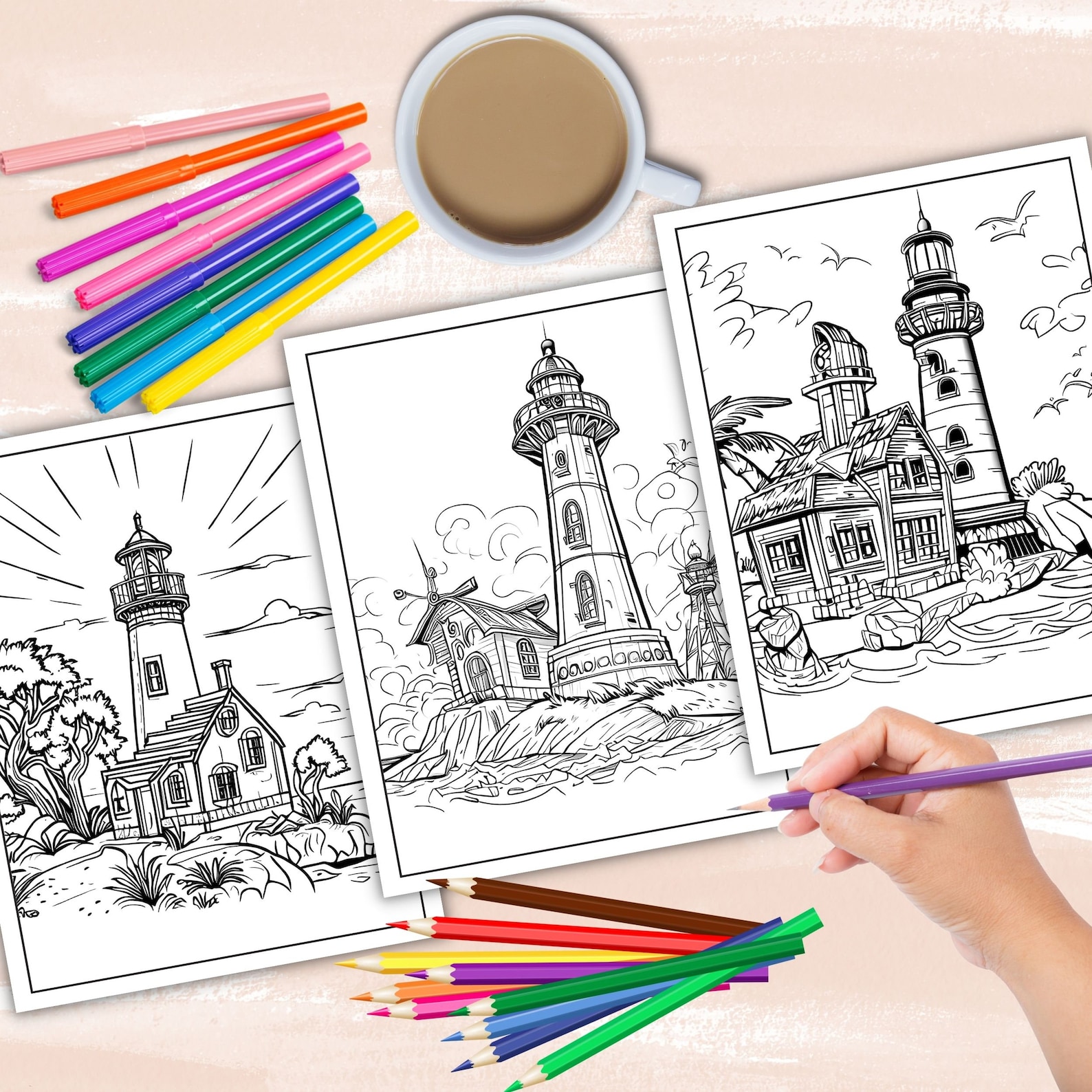 Coastal Lighthouses Coloring Book, Lighthouse Coloring Pages, Nautical ...