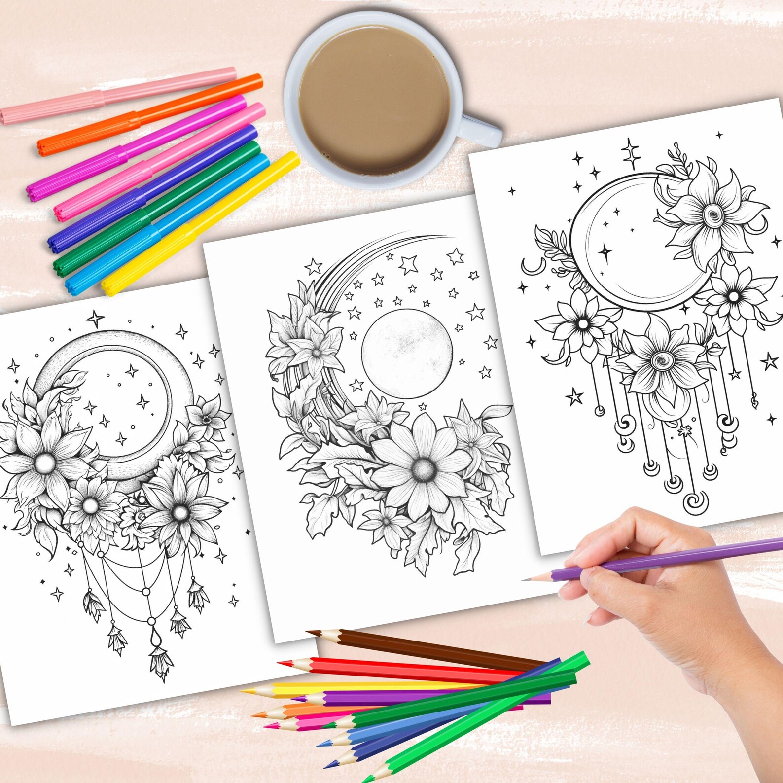 Celestial Moon Coloring Pages, Boho Chic Moon Coloring Sheets ...