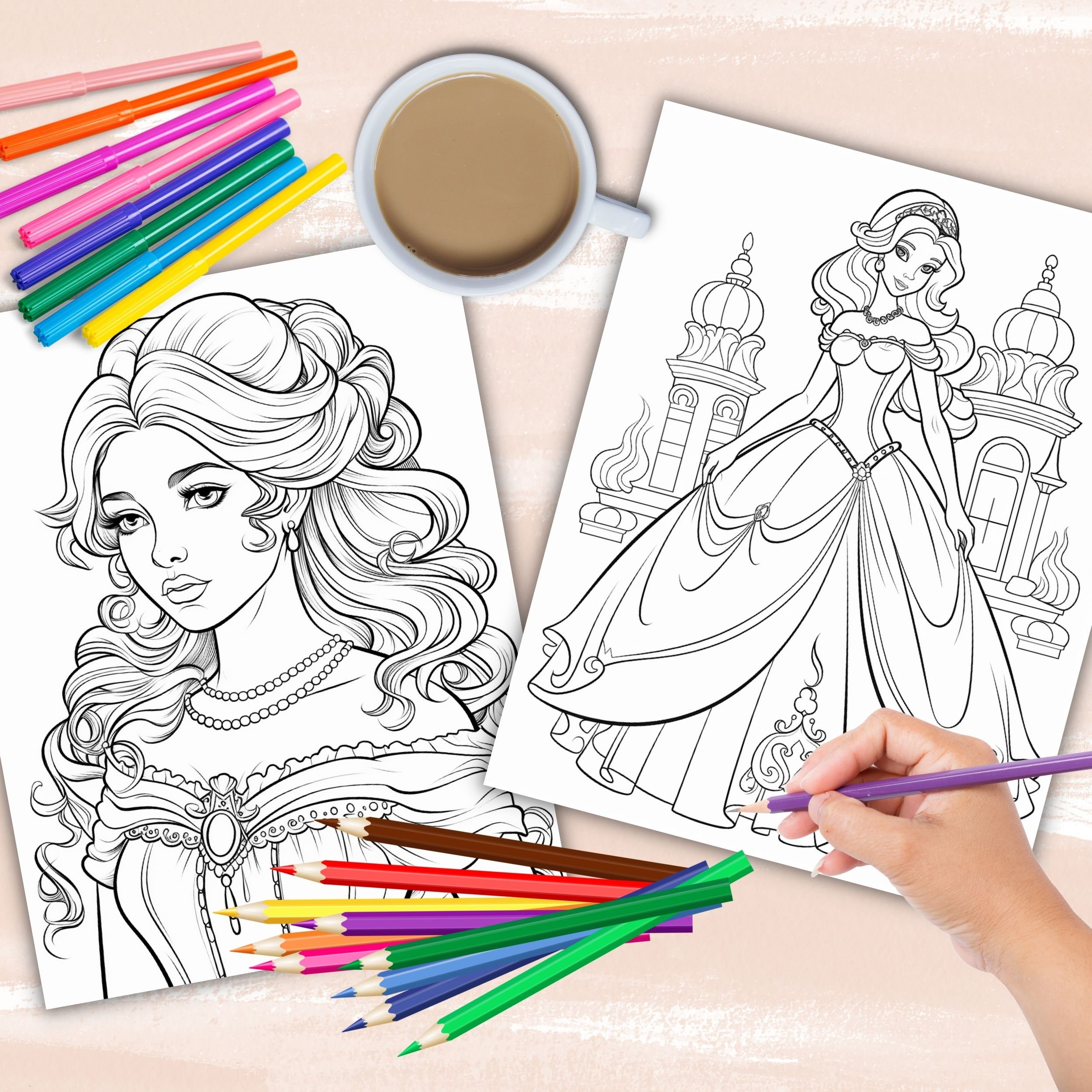 Enchanted Princesses Coloring Pages, Fairytale Fantasy Coloring Book ...