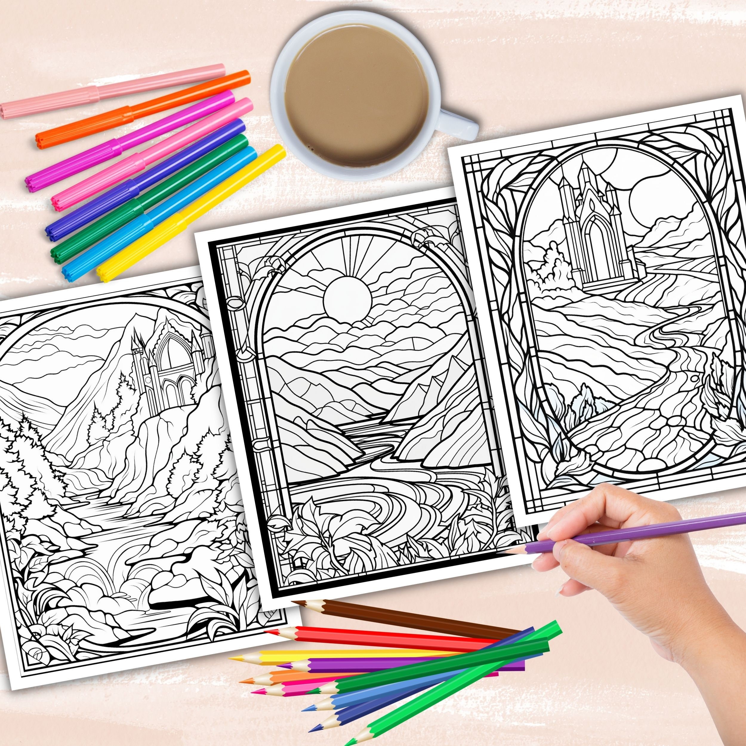 Stained Glass Landscapes Coloring Book, Relaxing Scenery Coloring Pages ...