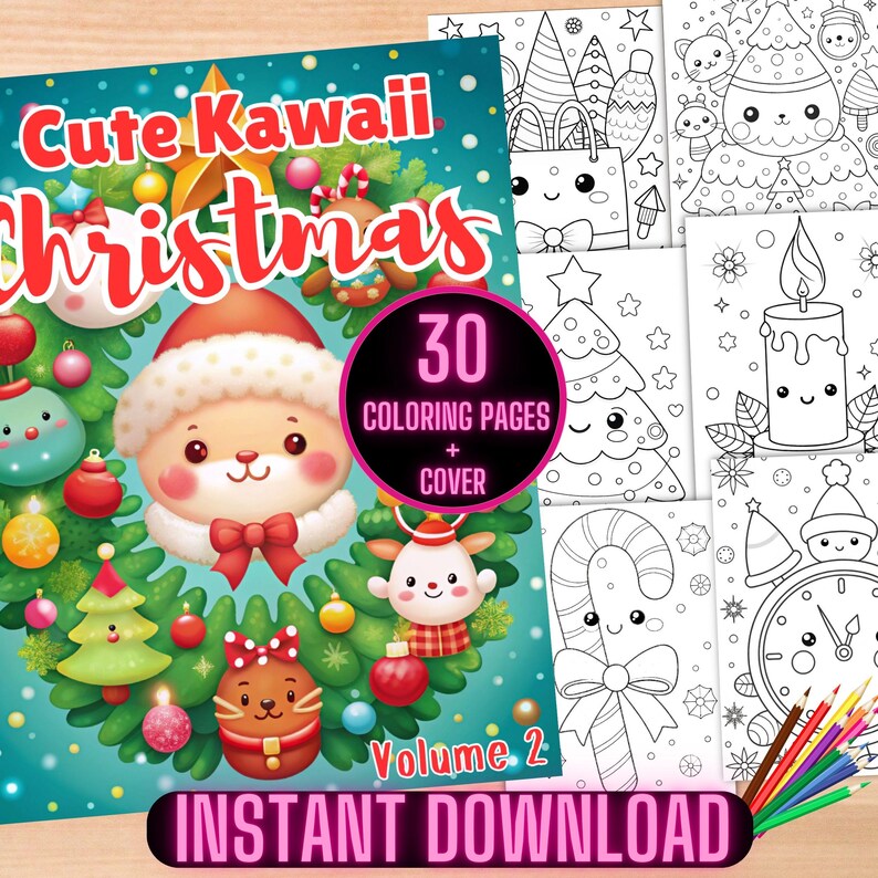 Cute Kawaii Christmas Coloring Pages, Kawaii Coloring Book, Bold Easy ...