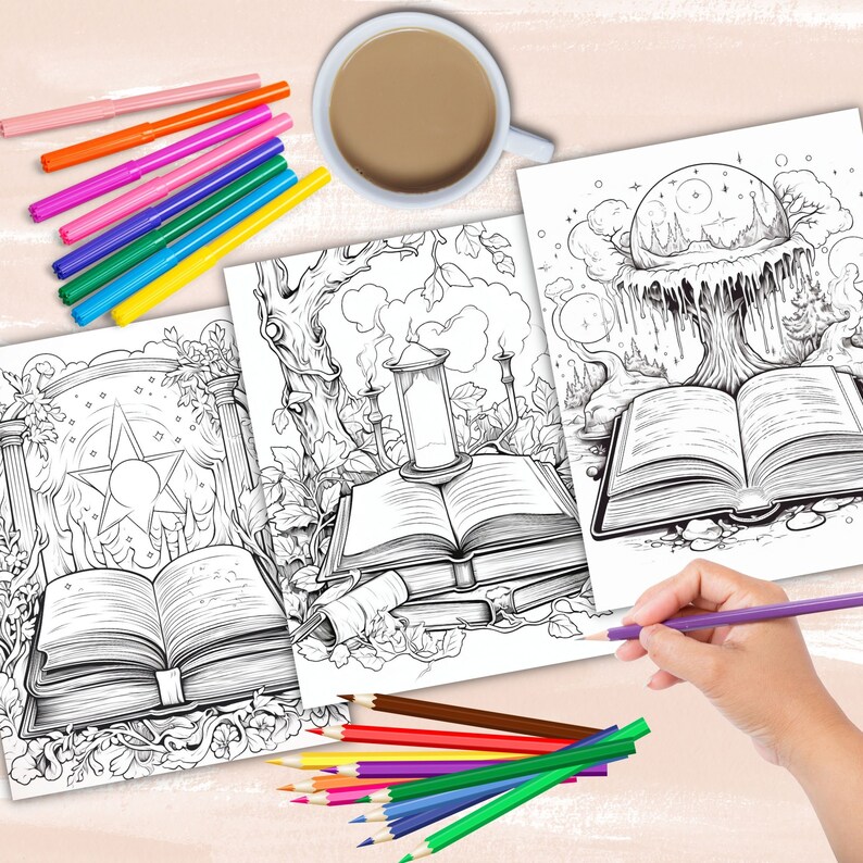 Spells and Grimoires Coloring Pages, Open Magic Book Coloring Book ...